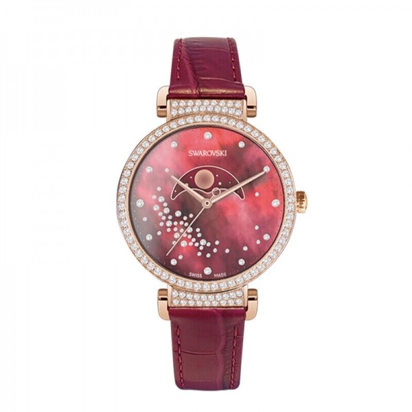 SWAROVSKI 스와로브스키 Passage Moon Phase Quartz Burgundy MOP Dial Ladies ...
