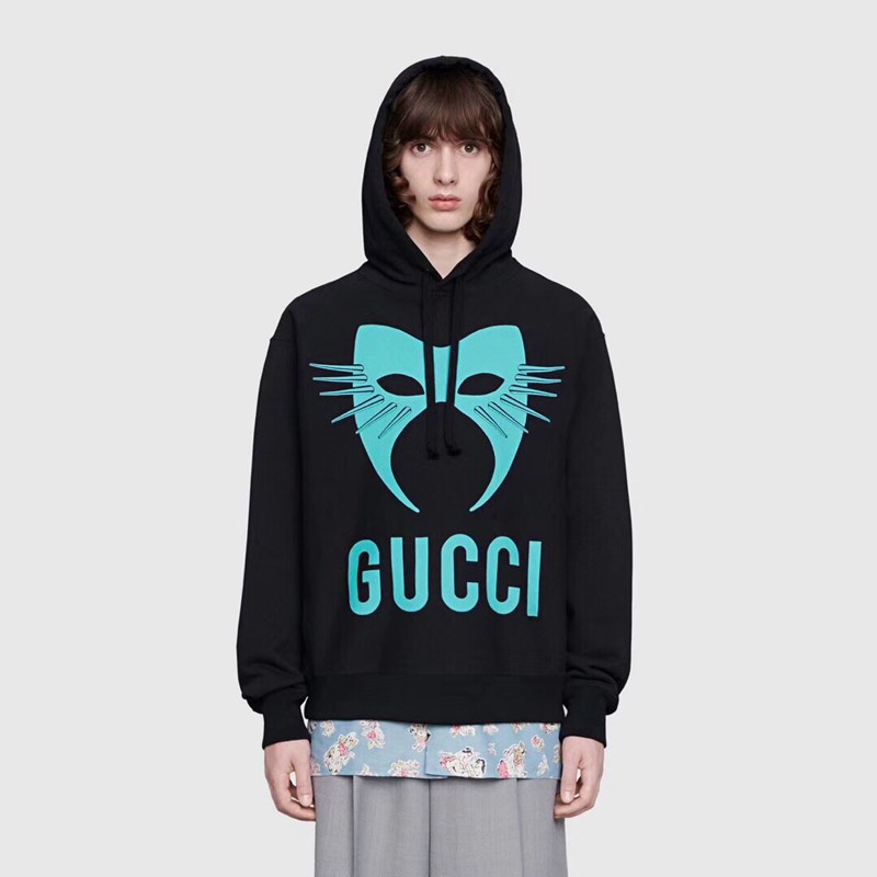 구찌 Gucci 19Fw 매니페스토 가면 캣 페이스 프린트 블랙 후드 맨투맨 남여공용 - 위핑